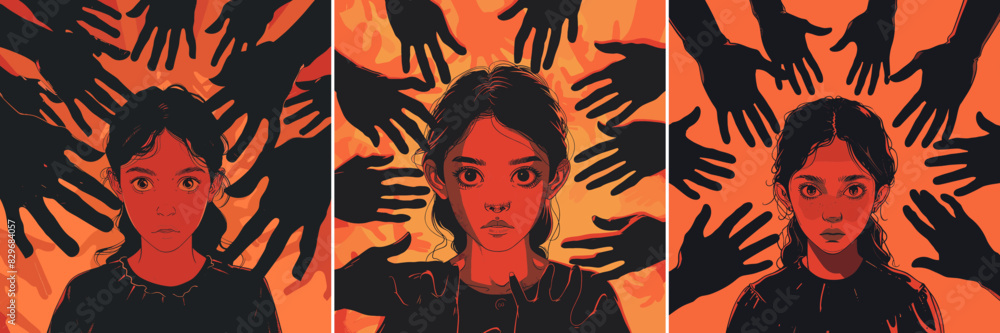 Harassment cartoon vector scenes. Tense girl black hands wrists ...