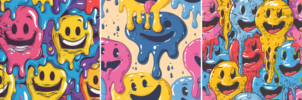 Melting emoji cartoon vector illustrations. Liquid flowing colorful ...