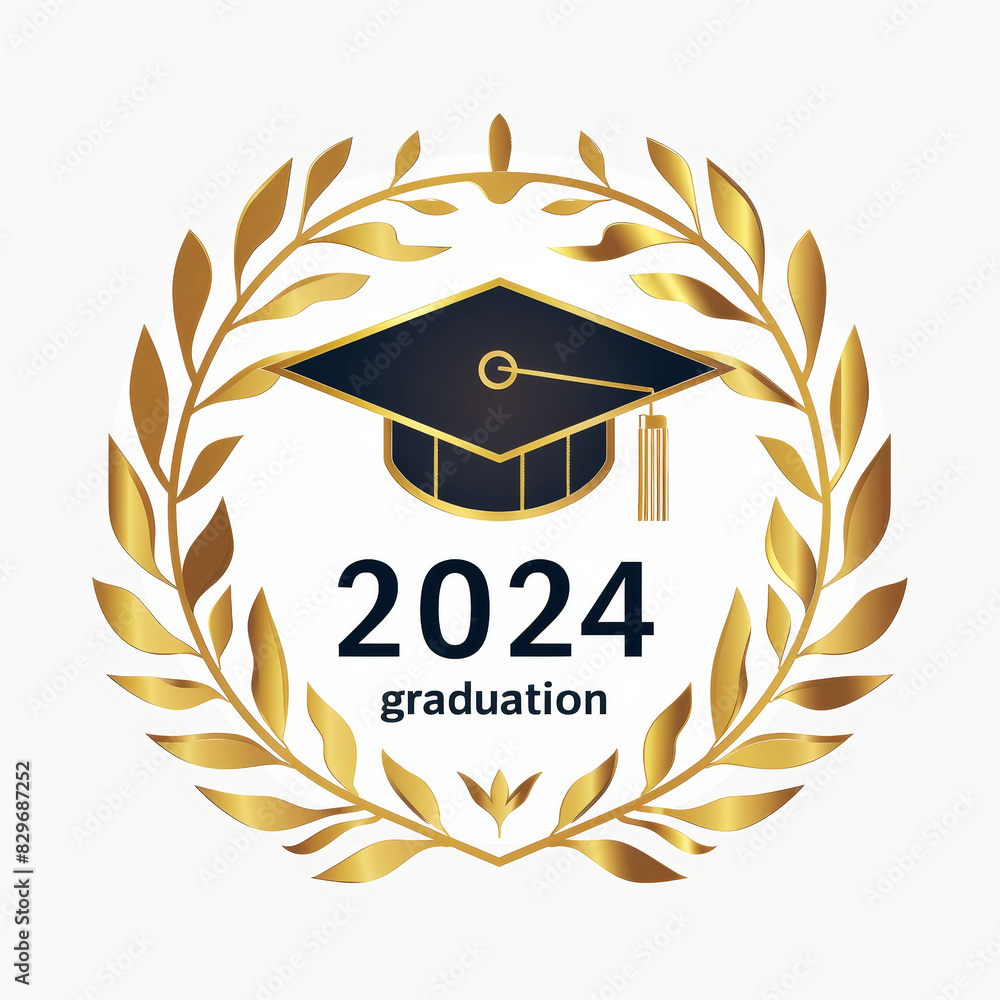 Class of 2024 emblem, graduation cap with laurel wreath in gold color ...