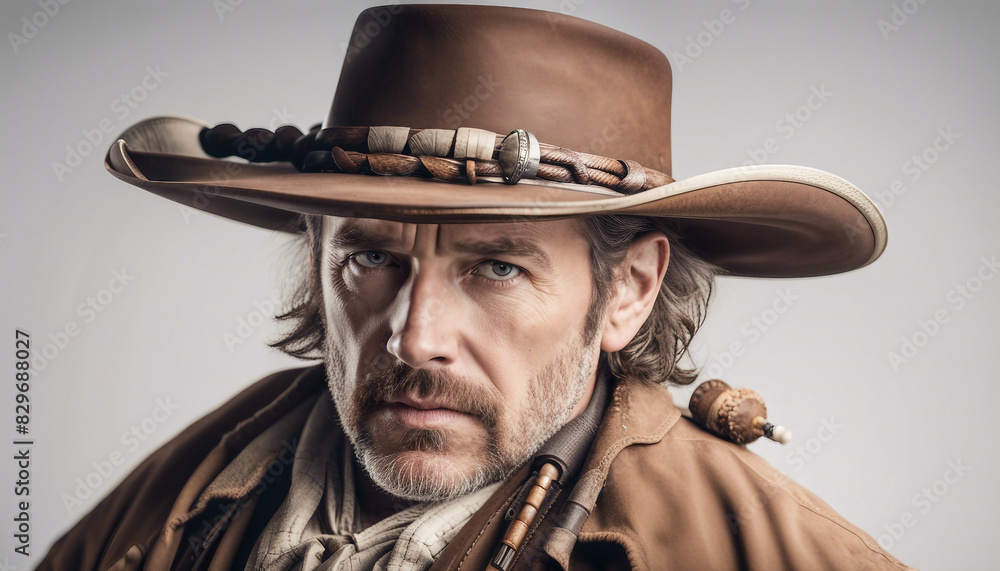 Portrait of wild west sheriff with traditional clothes, isolated white ...
