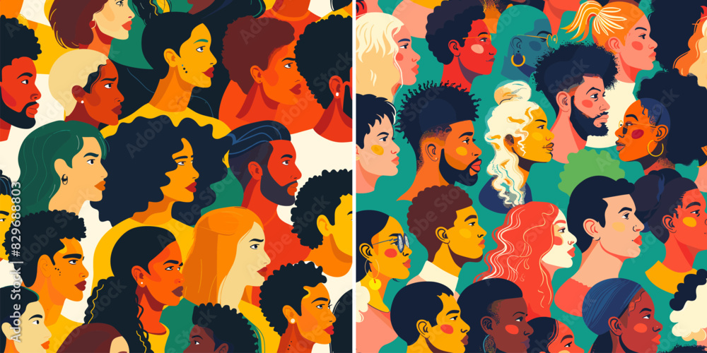 Racial diversity people cartoon vector posters. Men women faces dark ...