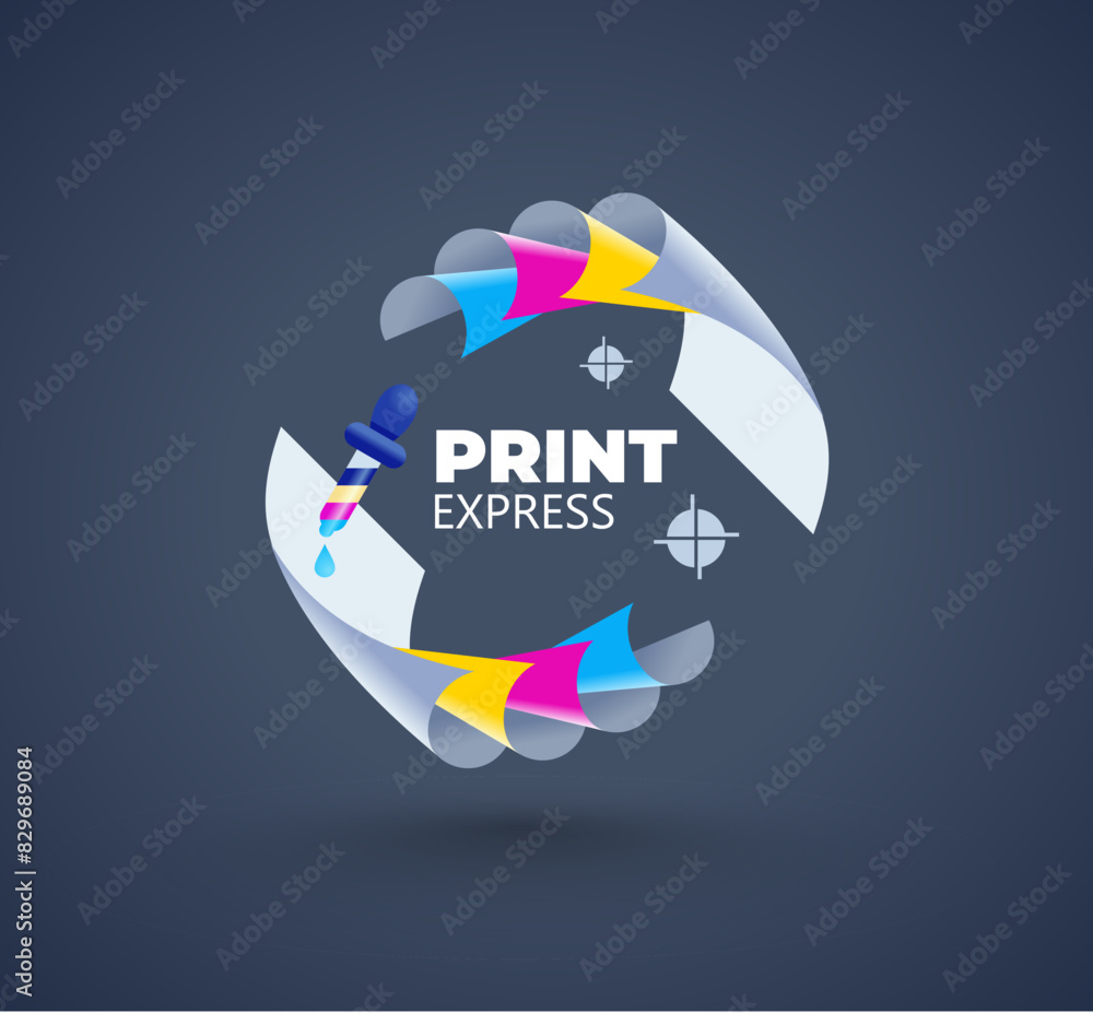Print logo. Cmyk sheets of paper and pipette ink. Template design ...