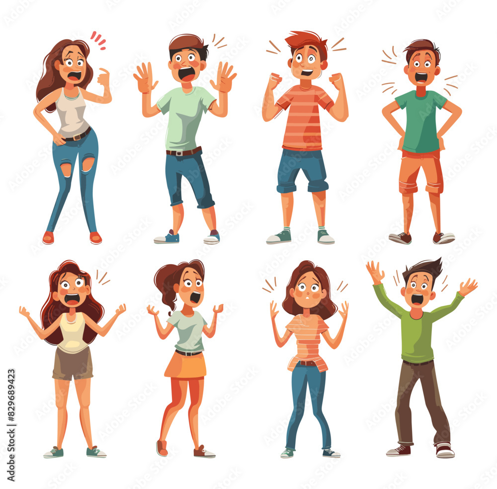 Shock reaction characters cartoon vector set. Men woman hands up big ...