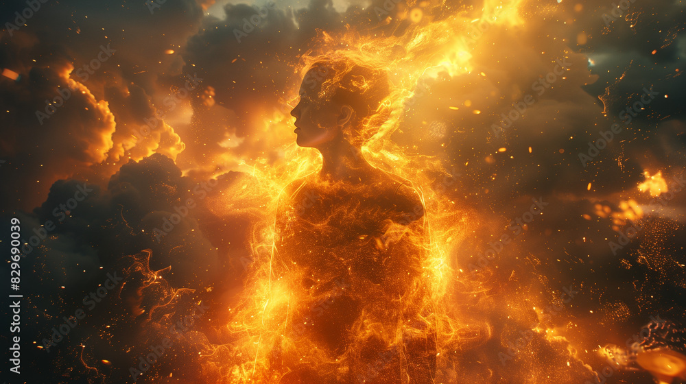 Character transforming from an ordinary person into a superhero, light ...