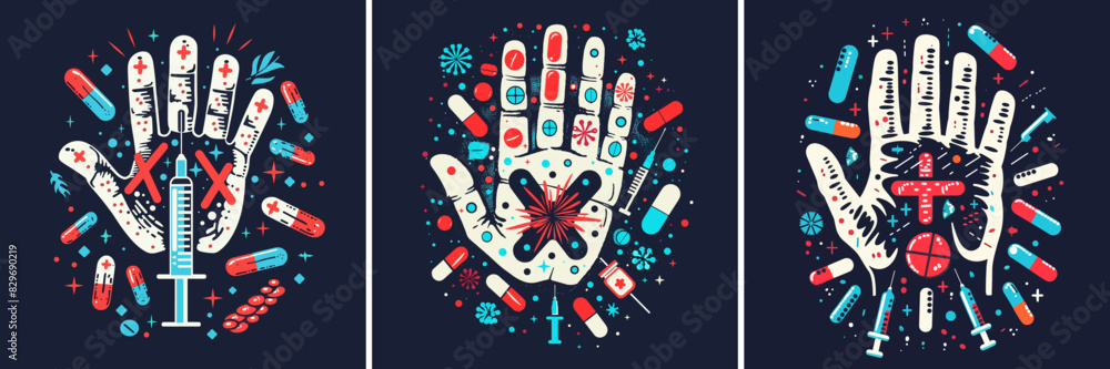 Stop drug addiction cartoon vector concepts. Handprint pills syringe ...