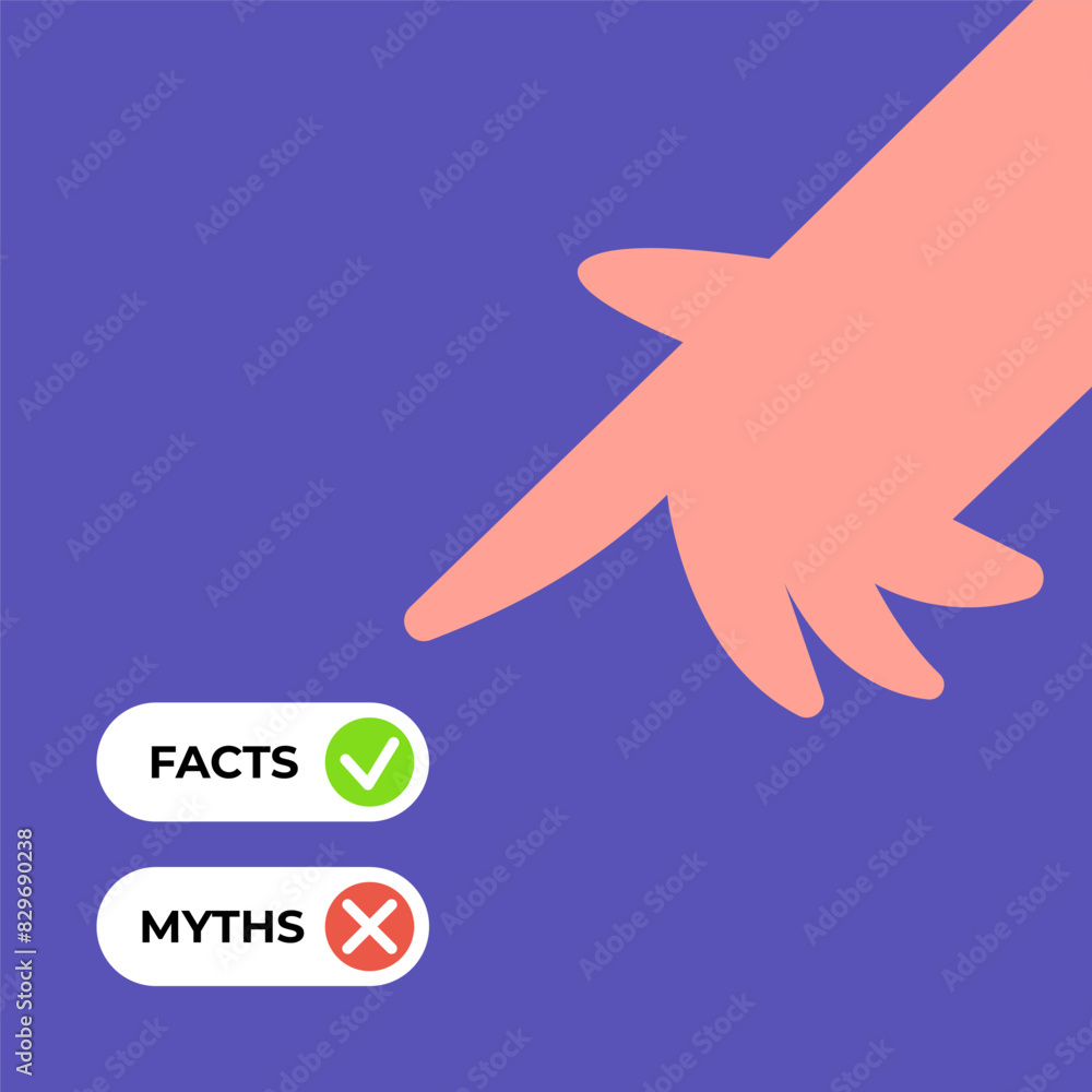 Facts versus myths. Myths facts icons with human hand. Banners with ...