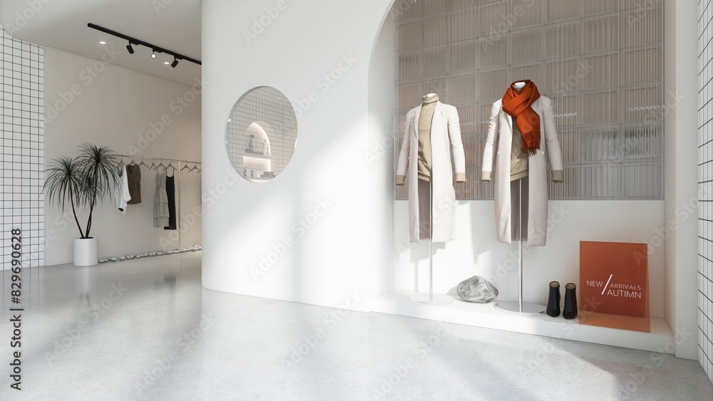 Window display of white modern and luxury fashion clothes shop in ...