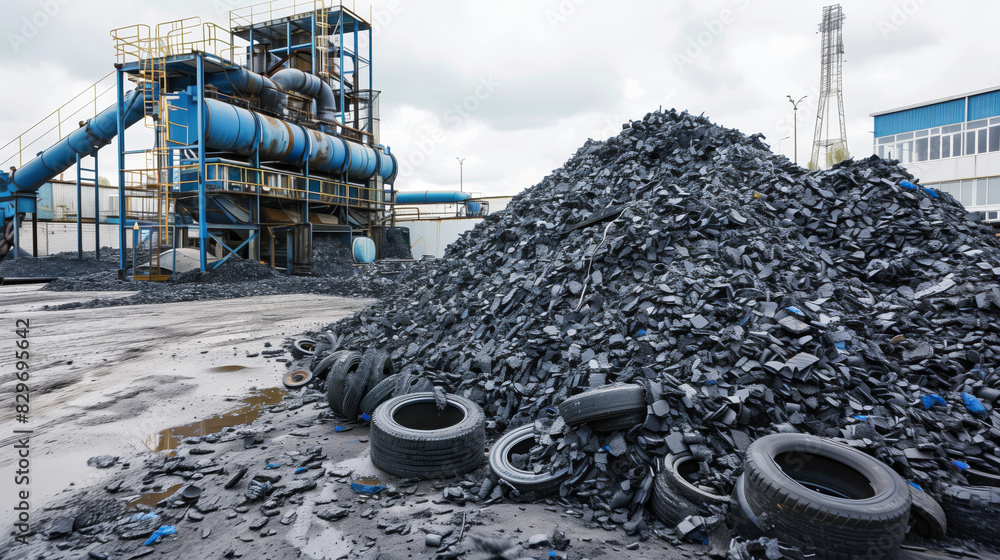 Tyre recycling plant with crumb rubber systems. Piles of shredded tyres ...