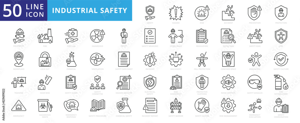 Industrial safety icon set with hazard, risk, management, accident ...