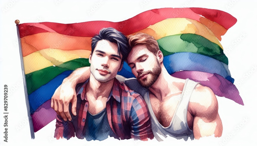 Two men embracing in front of Pride flag - Showing affection, two ...