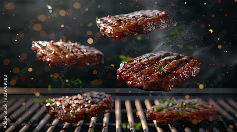 Grill Pork Chops Beef steaks, realistic 3d brisket flying in the air ...