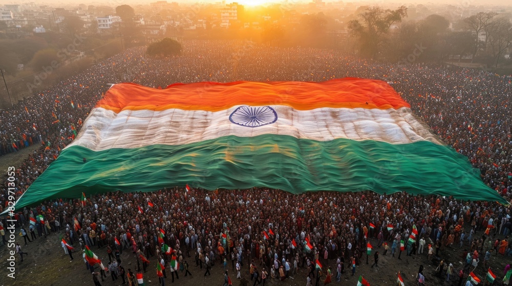 An expansive Indian flag unfurled by a large gathering, showcasing ...