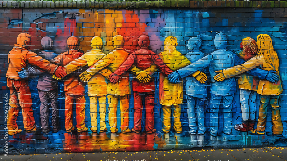 Street art depicting diverse group of people holding hands around the ...