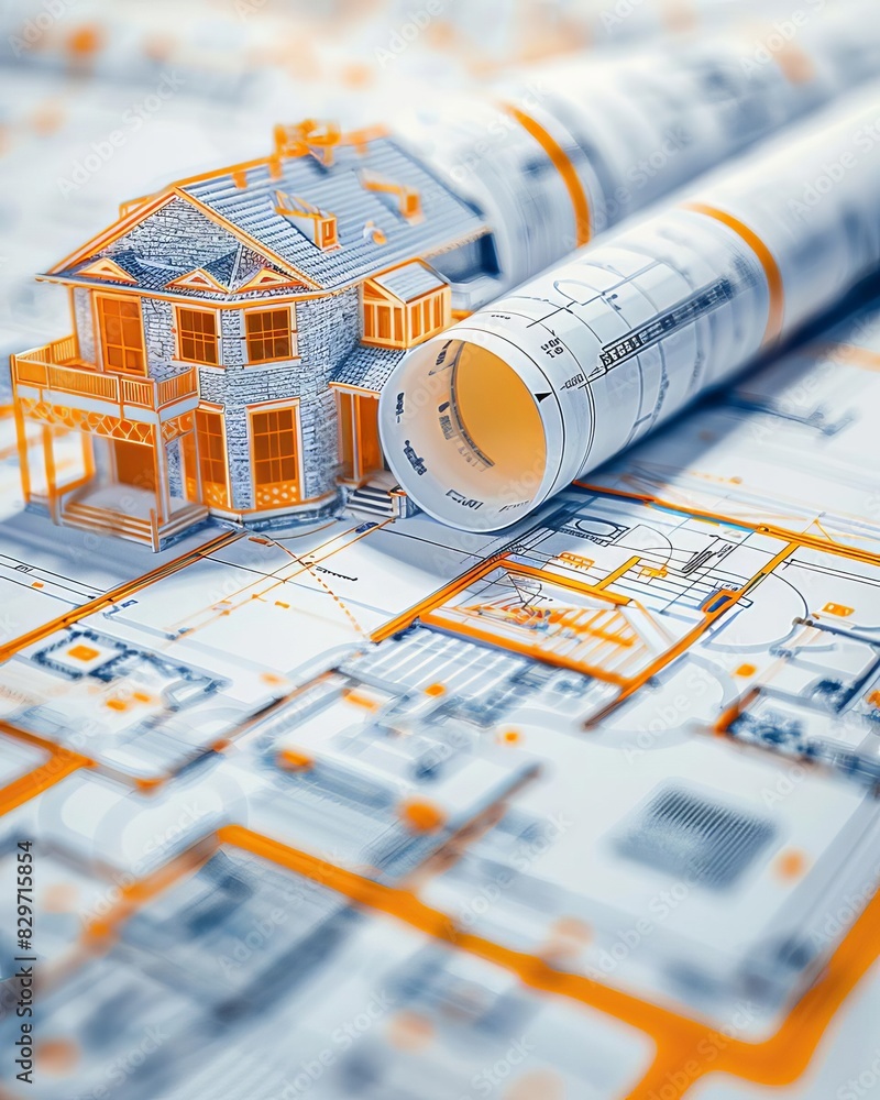 A set of blueprints for a new home. The plans show a three-story house ...