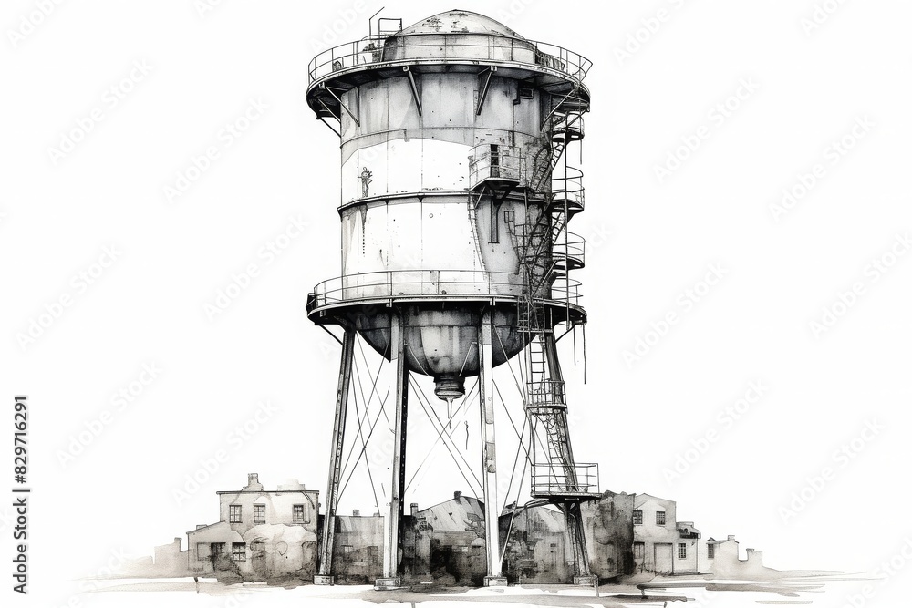 Detailed sketch of a large industrial water tower with surrounding ...