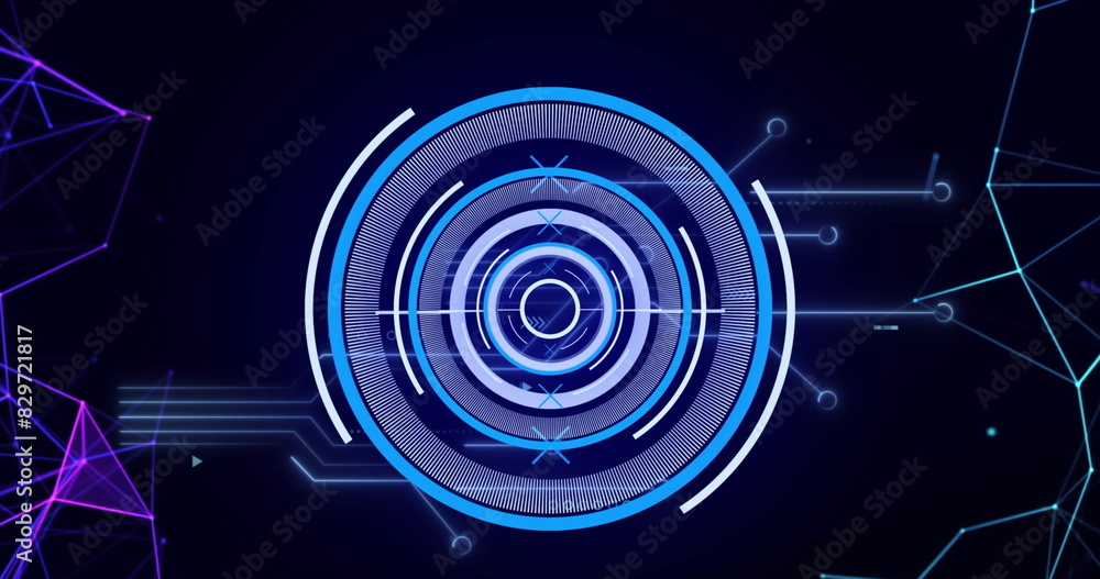 Image of loading circles with connected dots and circuit board pattern over black background ...