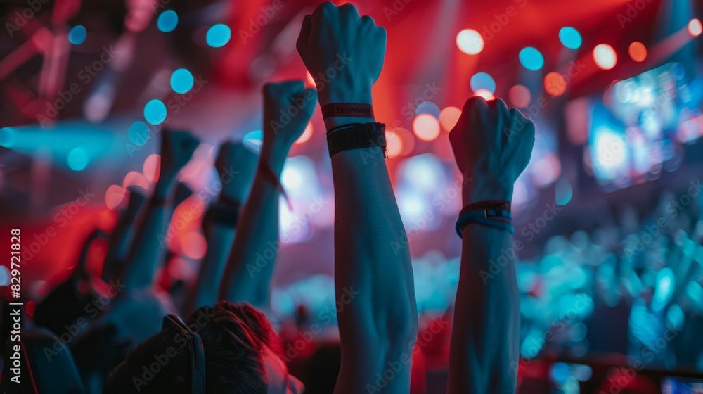 Large group of individuals standing together and raising their arms ...