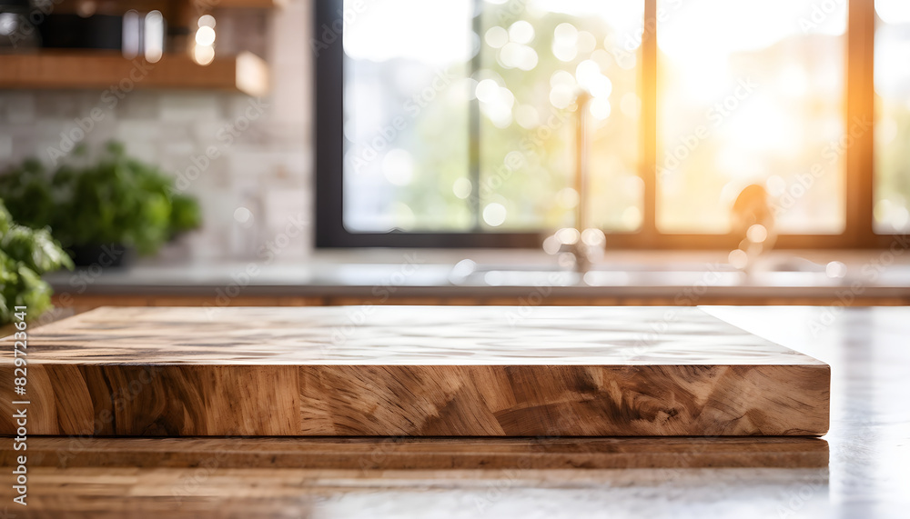Selective focus.End grain wood counter top with cutting board on blur ...