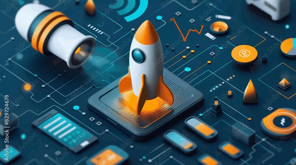 Futuristic Tech Interface with Rocket Icon for Startup Launch Stock ...