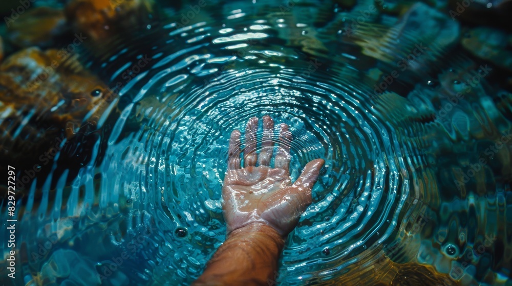A person's hand is interacting with clear water, causing a pattern of ...