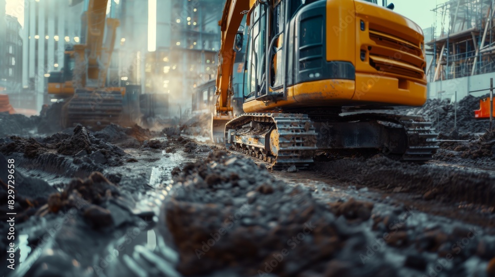 Construction equipment in action, emphasizing the powerful and detailed ...