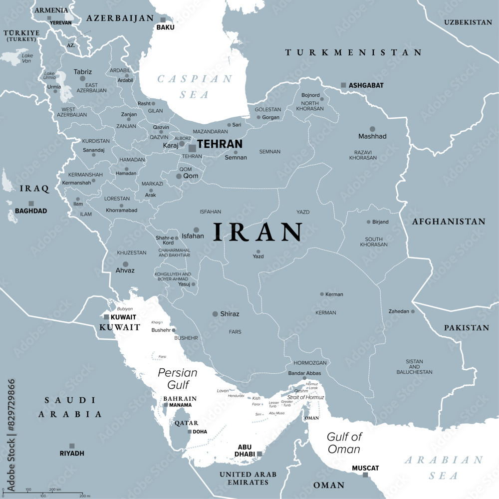 Iran with provinces, gray political map, with borders, capital Tehran ...