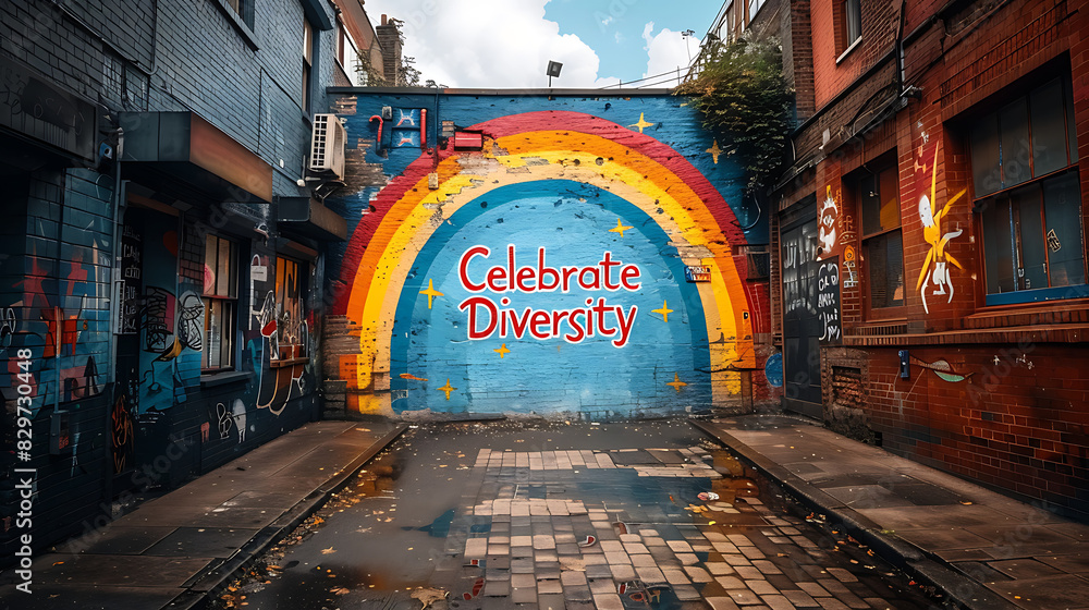 Street art featuring vibrant rainbow arching across the sky with the ...