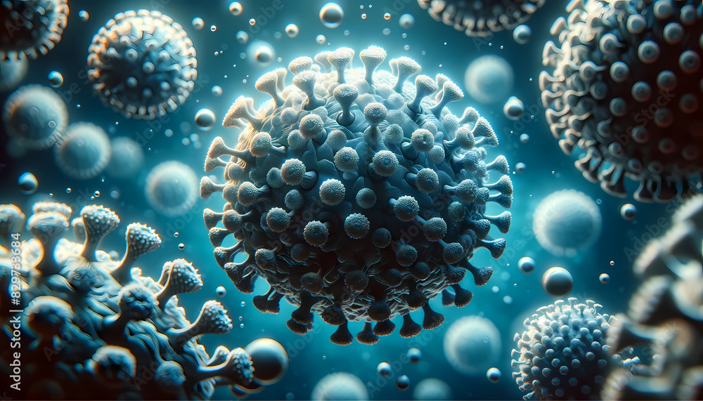 This image depicts a detailed microscopic view of viral particles ...