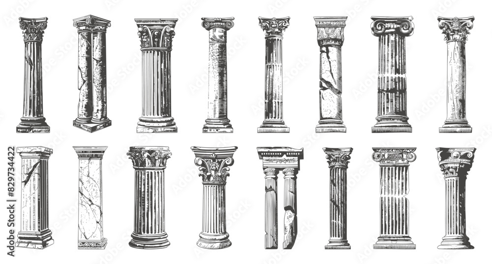 Ancient Columns. Doodle Style, Hand-Drawn, Simple Black Icons Set ...