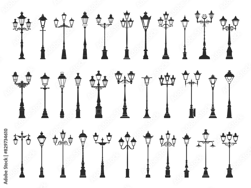 Black Silhouettes of Retro Streetlights Icons Set. Simple Flat Style ...