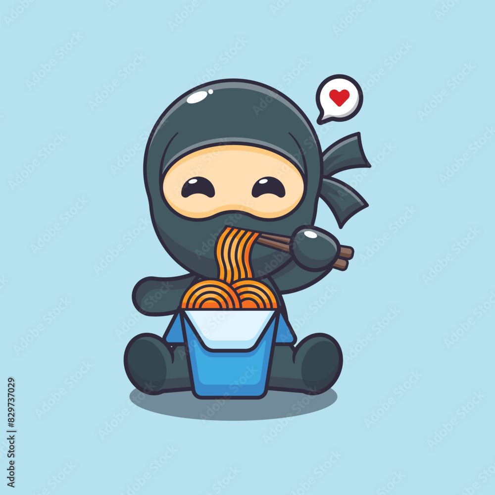 Cute ninja eating noodle cartoon vector illustration Stock Vector ...