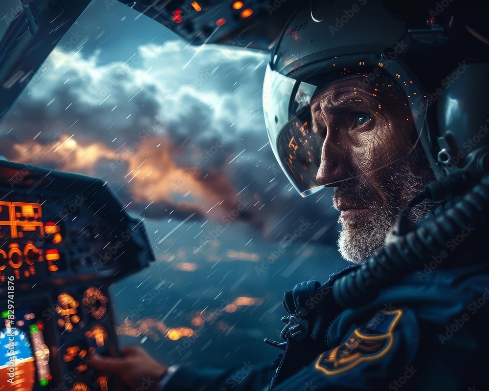 Experienced pilot navigating an aircraft during a thunderstorm, focused ...