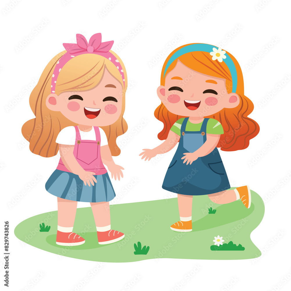 Two girls smiling playing and running. Cartoon character in flat design ...