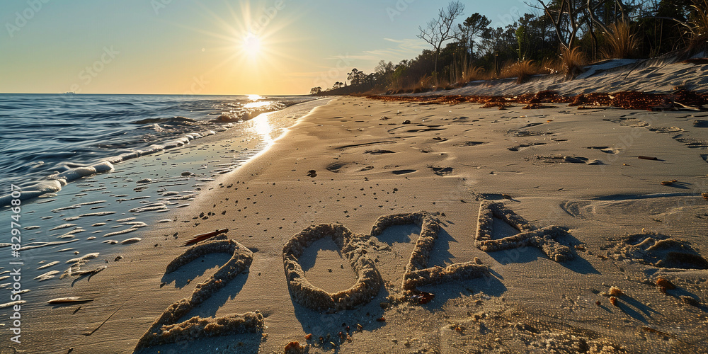 2024 written in large letters in the sand at a sunny beach Stock ...