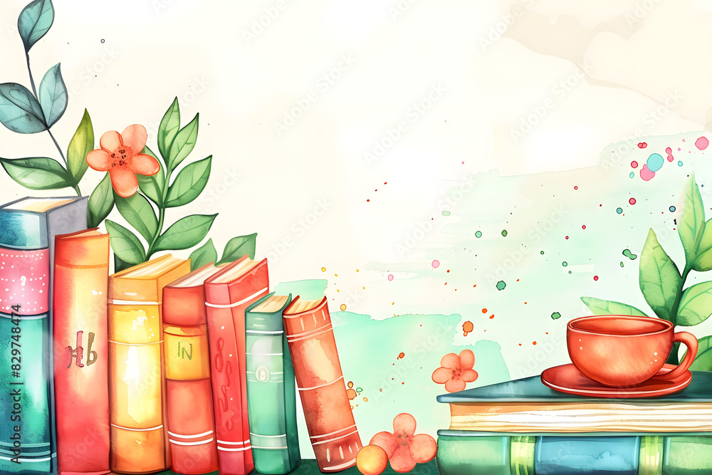 Cute cartoon book frame border on background in watercolor style. Stock ...