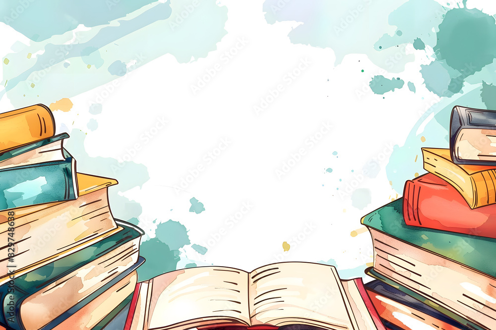 Cute cartoon book frame border on background in watercolor style. Stock ...