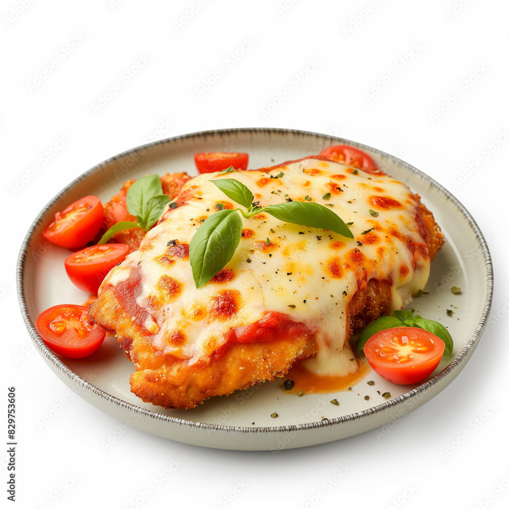 Plate of Chicken Parmigiana isolated on white studio background. Stock ...