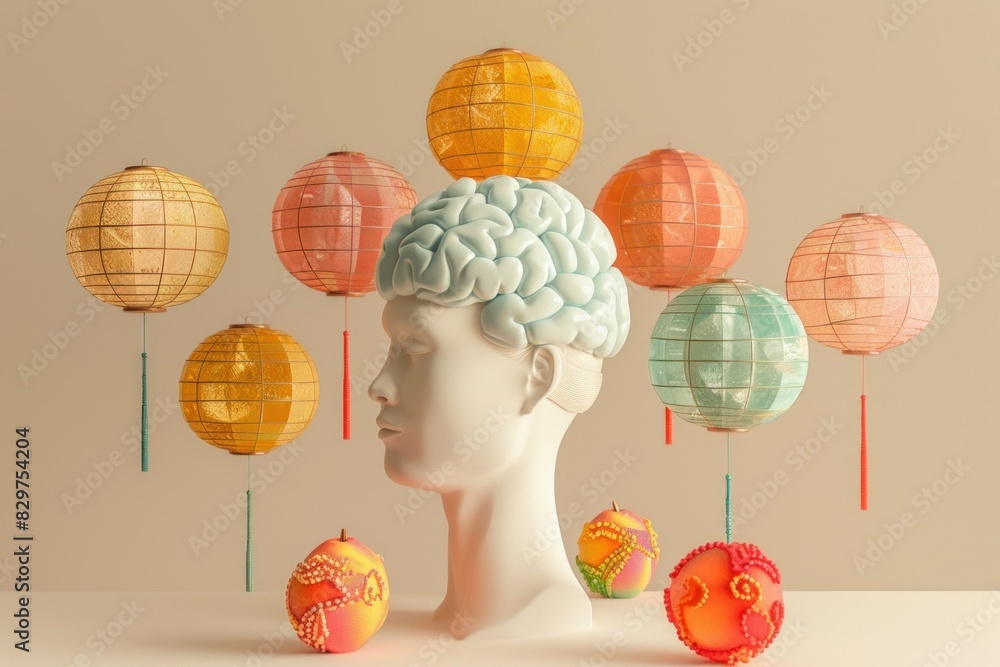 Colorful paper lanterns adorn human head in creative art installation ...