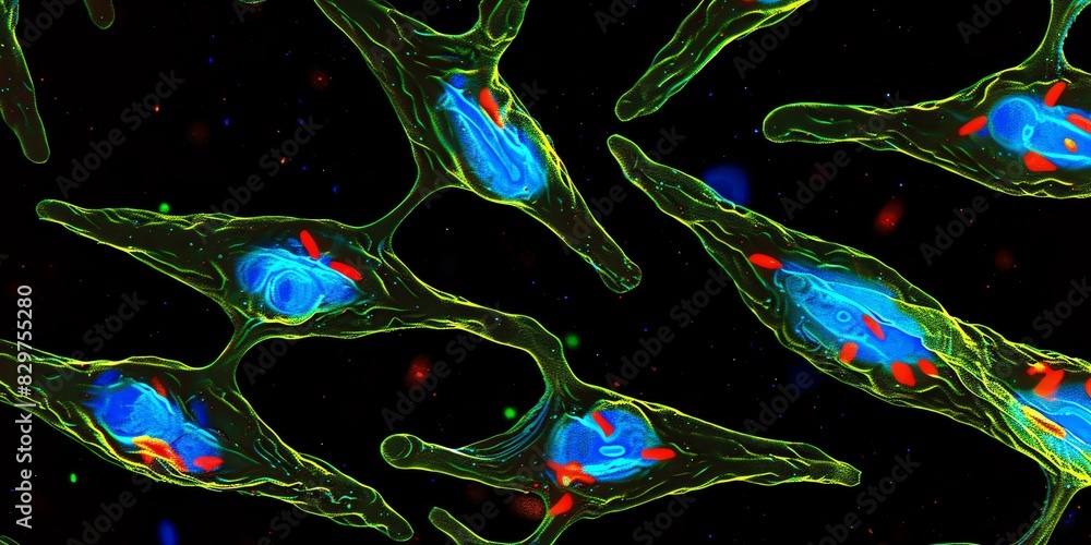 Fluorescent Stained CellsCreate a closeup image of cells under a ...