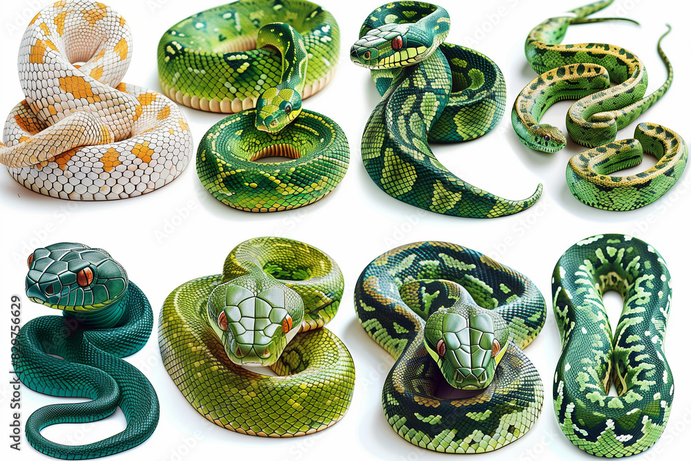Collection of diverse colored snakes resting side by side Stock ...