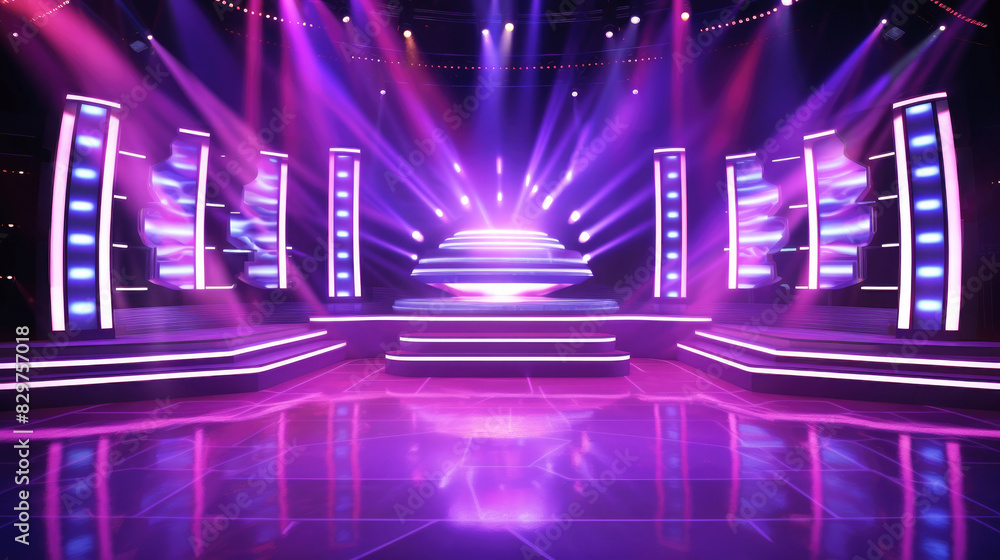 Poster A TV game show set with big spotlights shining down on the stage ...