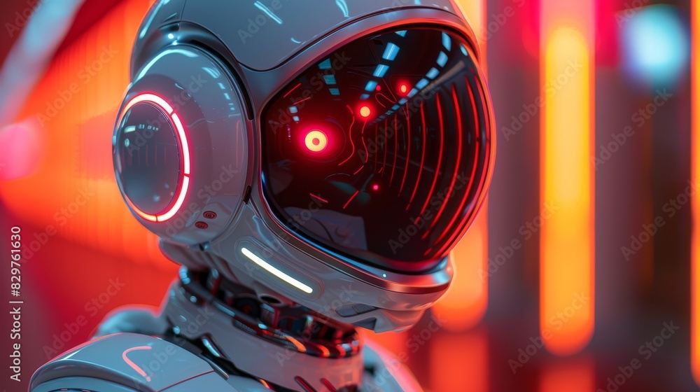 Close-up of a humanoid robot's head with a single glowing red eye and ...