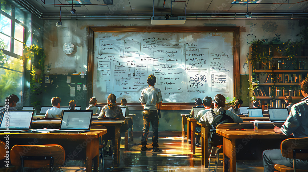 illustration of a math class in session with students solving equations ...