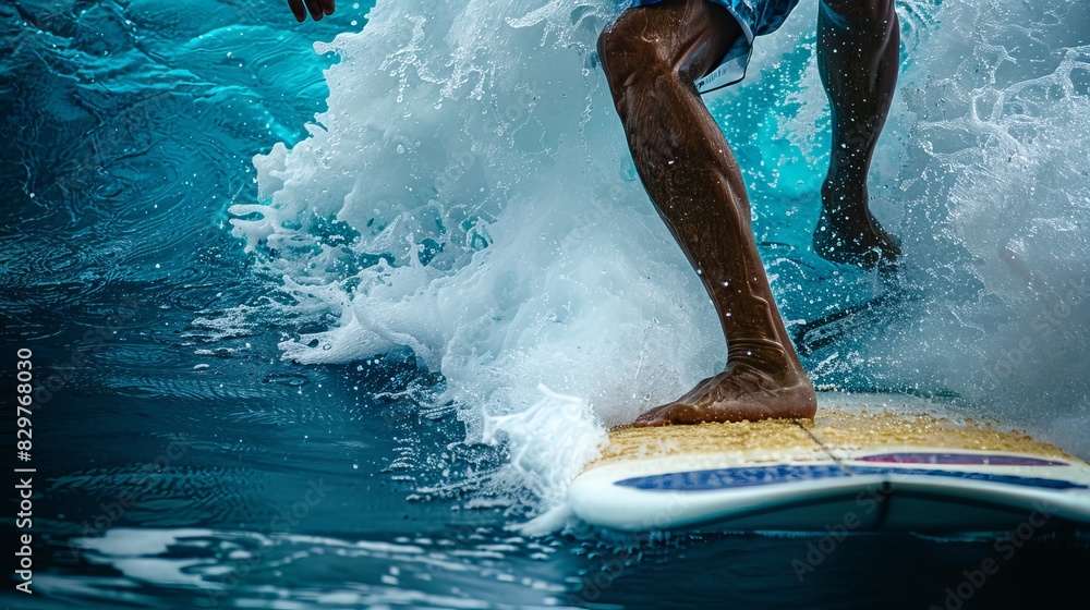 Close up of surfer s waxed feet balancing on board catching wave ...