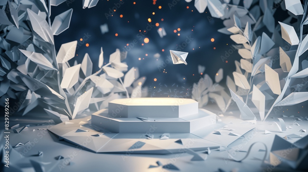 Elegant paper podium with intricate folds and creases, surrounded by ...