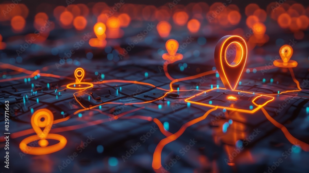 A digital map with glowing location pins indicating various points of ...