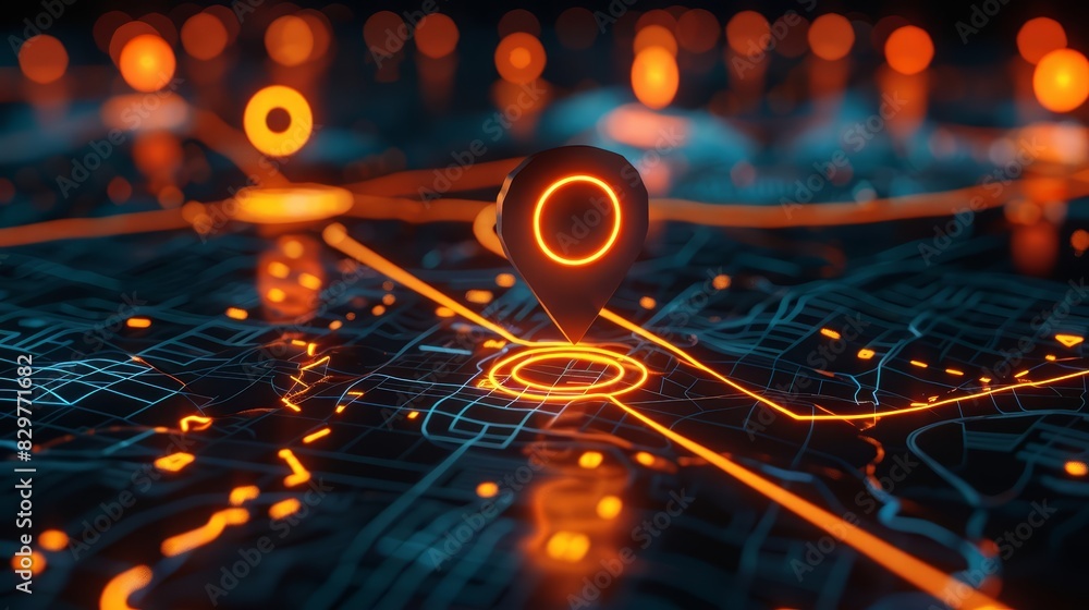 A digital map with glowing location pins indicating various points of ...