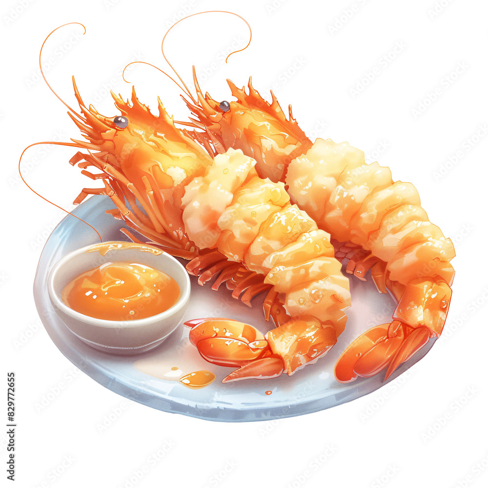Plate of tempura shrimp with dipping sauce die cut PNG style isolated ...