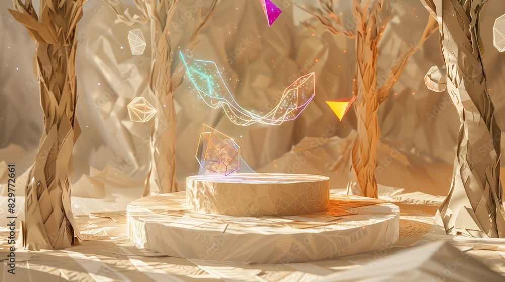 Rustic paper podium with a textured, earthy tone, flanked by towering ...