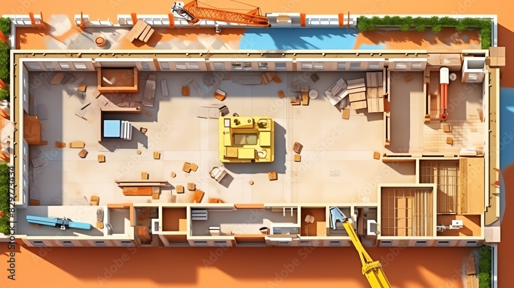 construction site flat design top view building project 3D render ...